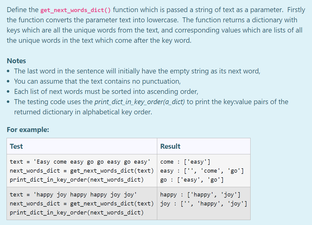 Solved Define the get_next_words_dict() function which is | Chegg.com