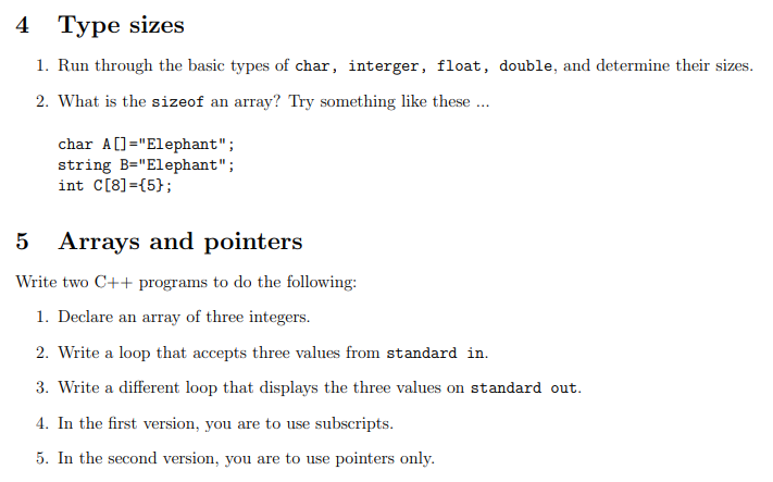 Solved 4 Type sizes 1. Run through the basic types of char, | Chegg.com
