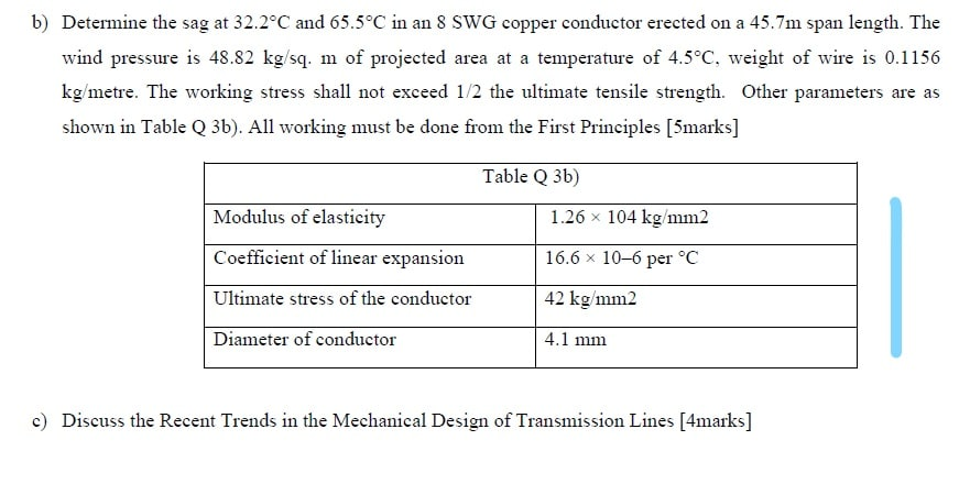 Solved b) Determine the sag at 32.2°C and 65.5°C in an 8 SWG | Chegg.com