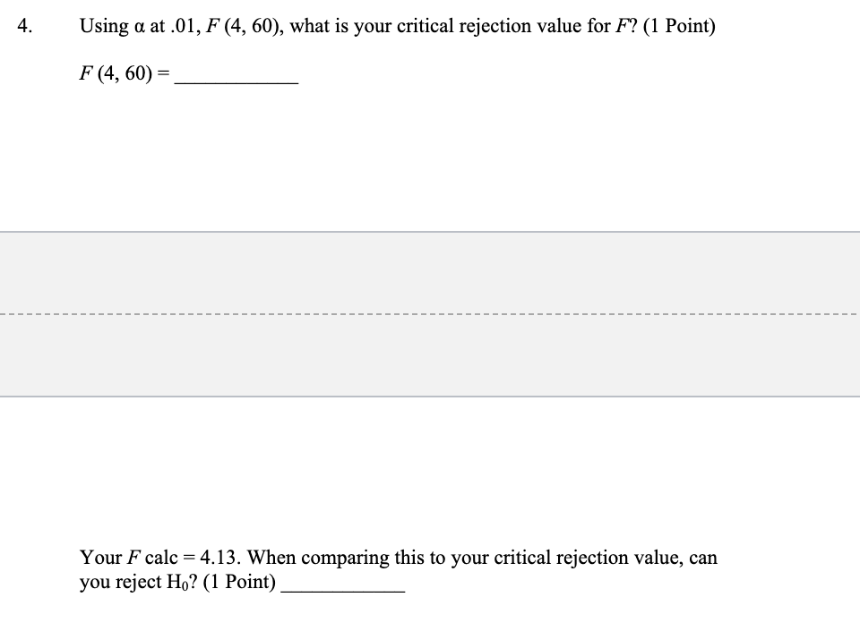 Solved 4. Using a at.01, F (4, 60), what is your critical | Chegg.com