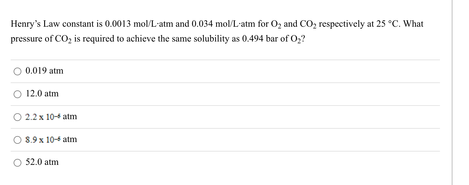 Solved Henry's Law constant is 0.0013molL* ﻿atm and | Chegg.com