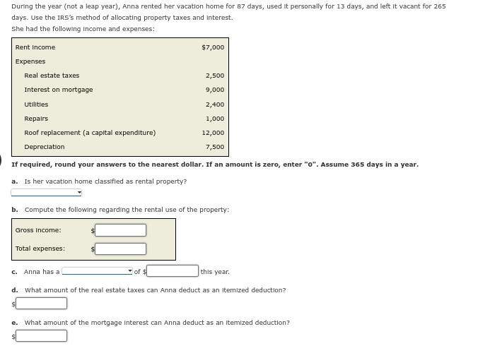 Solved During the year (not a leap year), Anna rented her | Chegg.com
