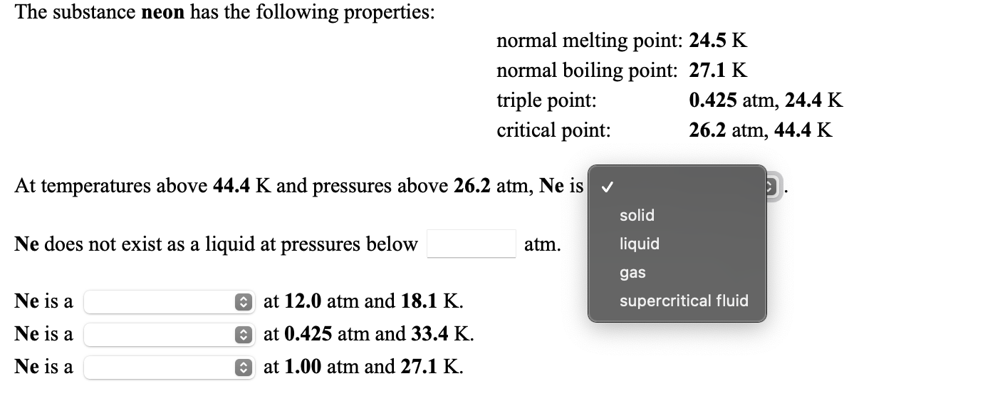 Solved The substance neon has the following properties: | Chegg.com