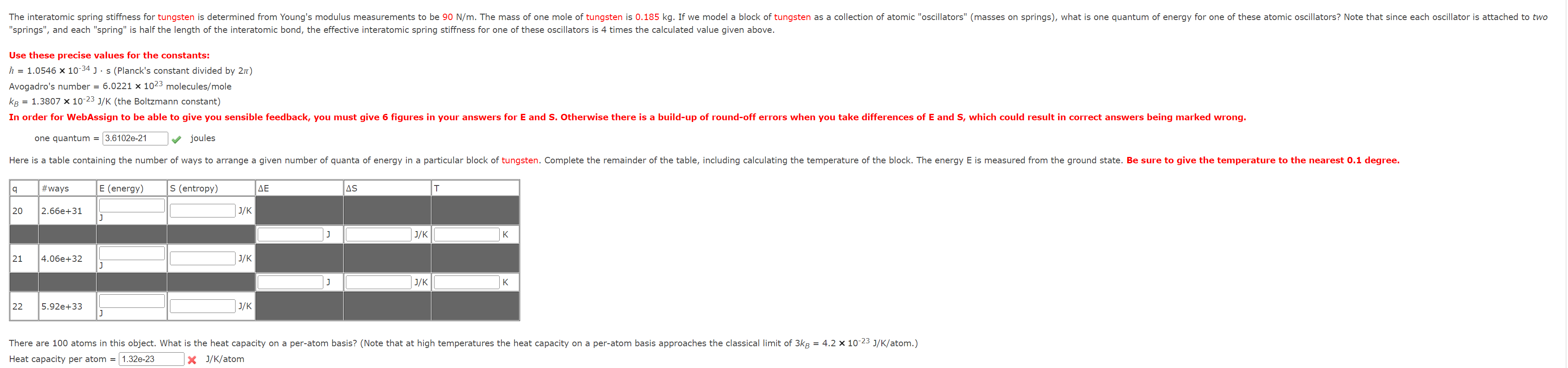 Solved The interatomic spring stiffness for tungsten is | Chegg.com