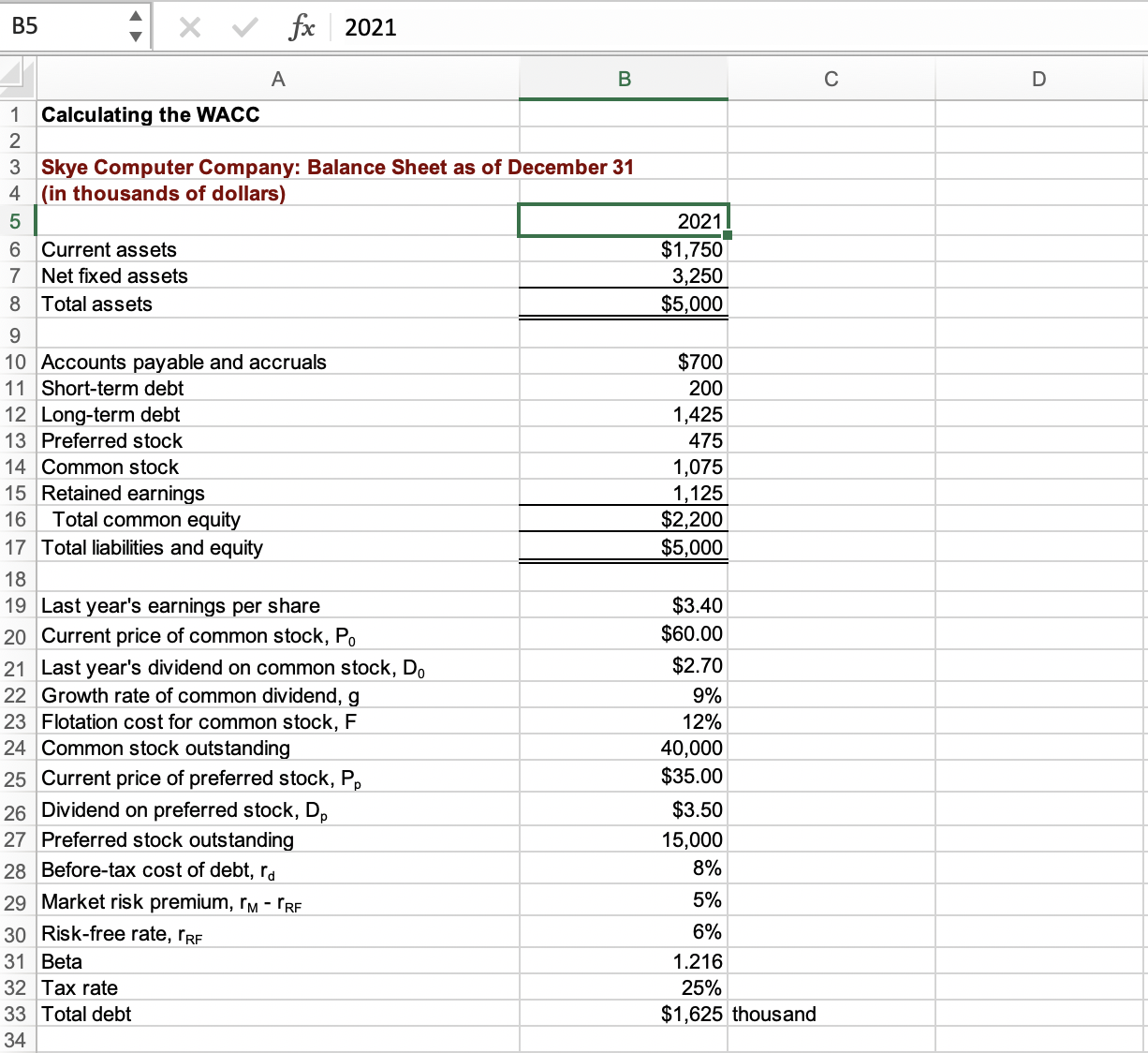 Solved Excel Activity: Calculating the WACC Here is the | Chegg.com