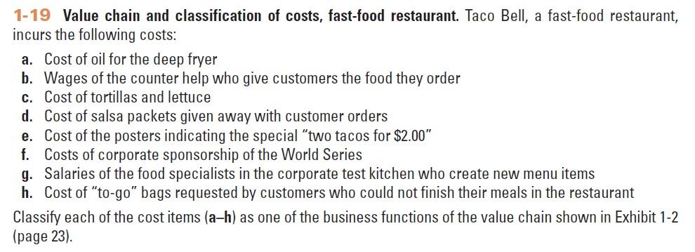 Solved 1-19 Value chain and classification of costs, | Chegg.com