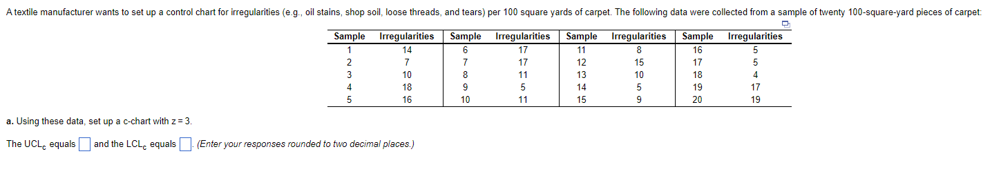 Solved a. Using these data, set up a c-chart with z=3. The | Chegg.com