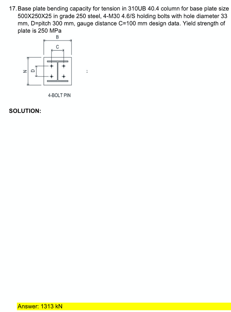 17. Base plate bending capacity for tension in 310UB | Chegg.com