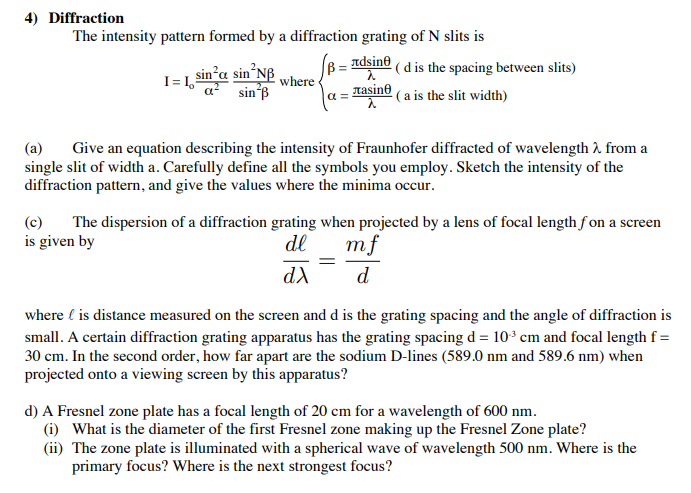 Solved 4) Diffraction The intensity pattern formed by a | Chegg.com