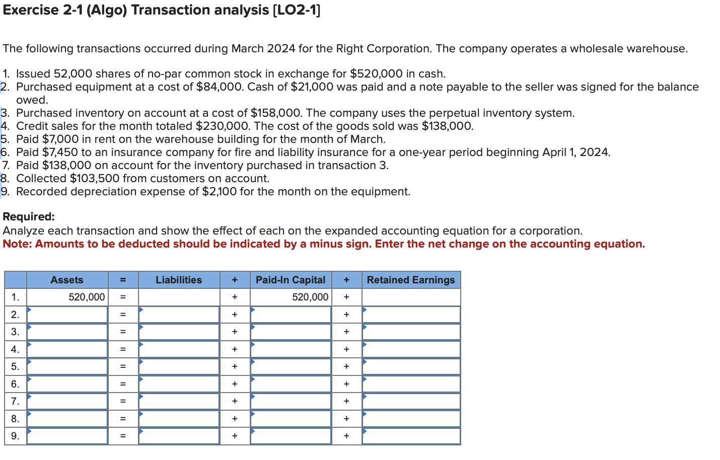 Solved Exercise 2-1 (Algo) Transaction analysis [LO2-1] The | Chegg.com