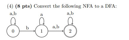 Solved (4) (8 pts) Convert the following NFA to a DFA: | Chegg.com