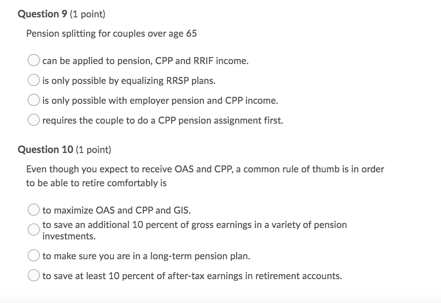 Solved Question 9 (1 point) Pension splitting for couples | Chegg.com