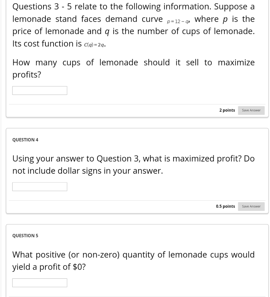 Solved p= 12-qi Questions 3 - 5 relate to the following | Chegg.com
