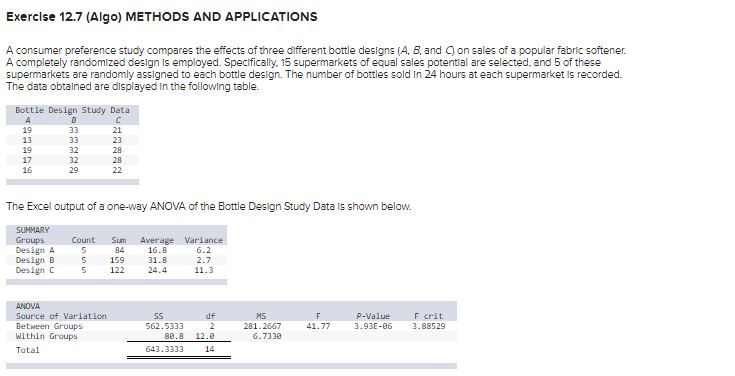 Exerclse 12.7 (Algo) METHODS AND APPLICATIONS A | Chegg.com