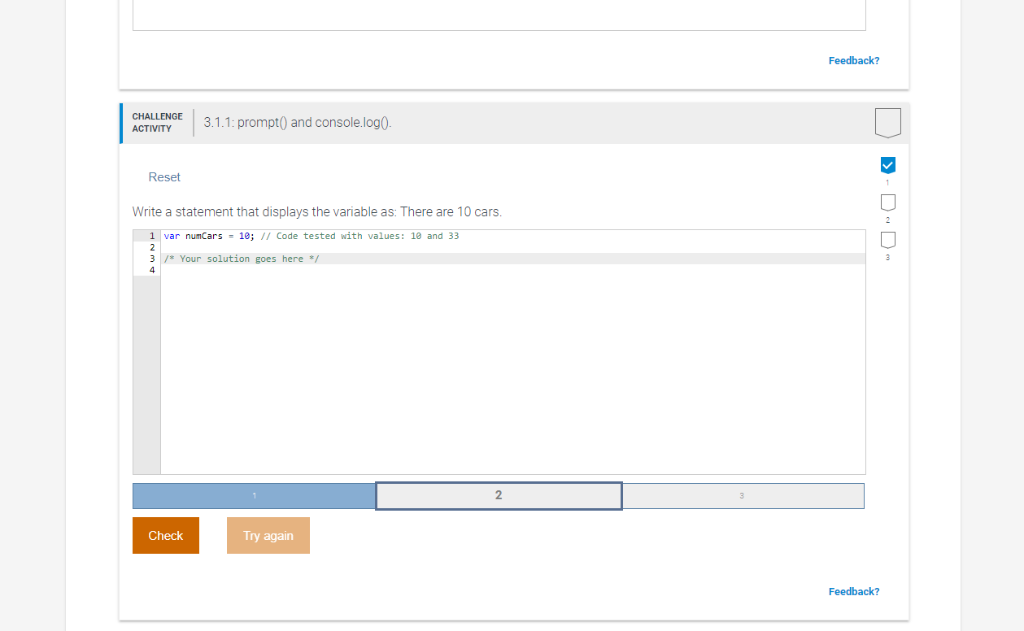 Solved Feedback? CHALLEVE 3.1.1: prompt) and console.log0 | Chegg.com