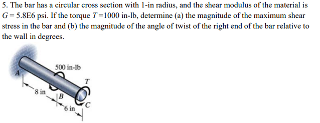 Solved 5. The bar has a circular cross section with 1 -in | Chegg.com