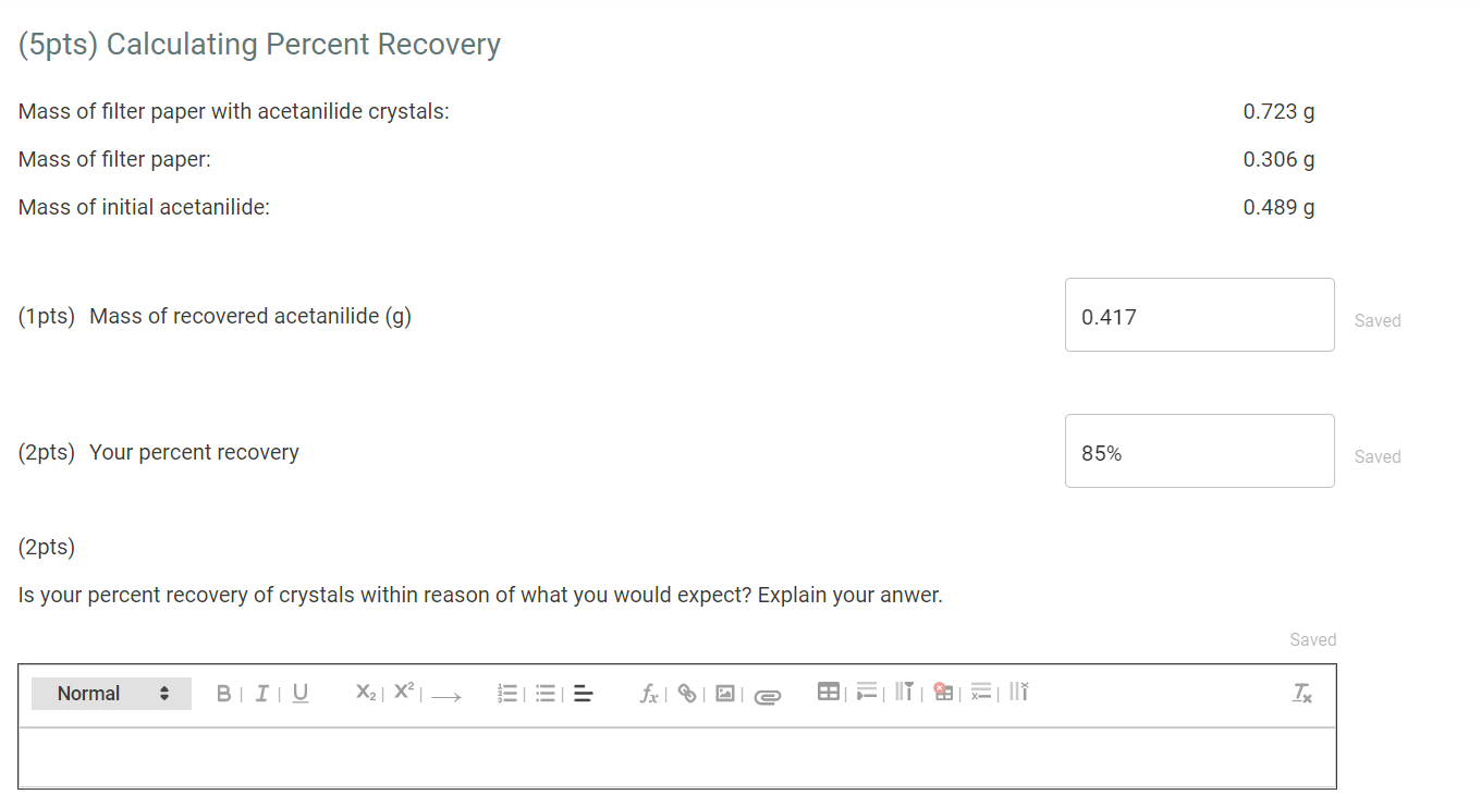 Solved (5pts) Calculating Percent Recovery Mass of filter | Chegg.com