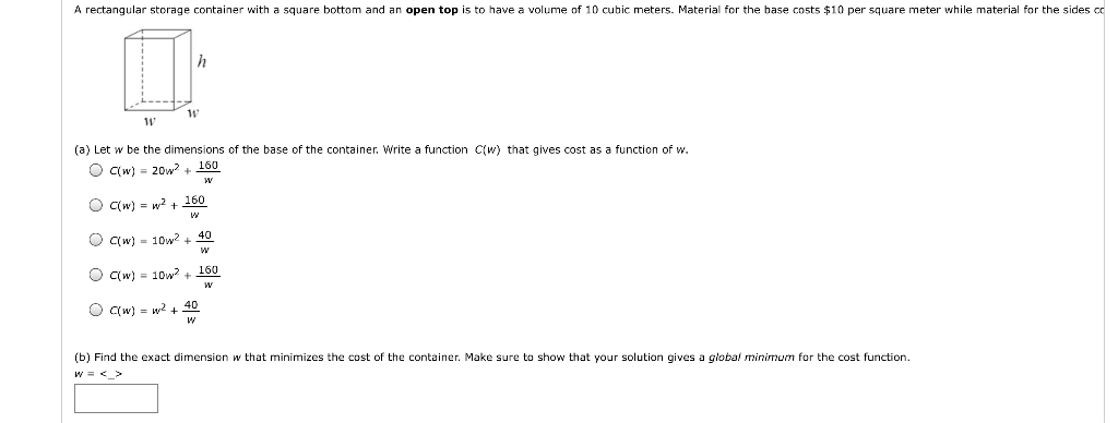 Solved A rectangular storage container with a square bottom | Chegg.com
