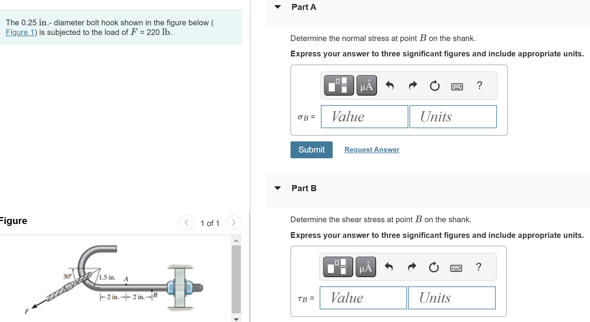 Solved Part AThe 0.25 ﻿in.- ﻿diameter bolt hook shown in the | Chegg.com