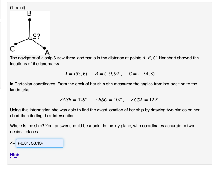 Solved (1 point) The navigator of a ship S saw three | Chegg.com