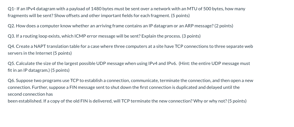 Q1- If an IPv4 datagram with a payload of 1480 bytes | Chegg.com