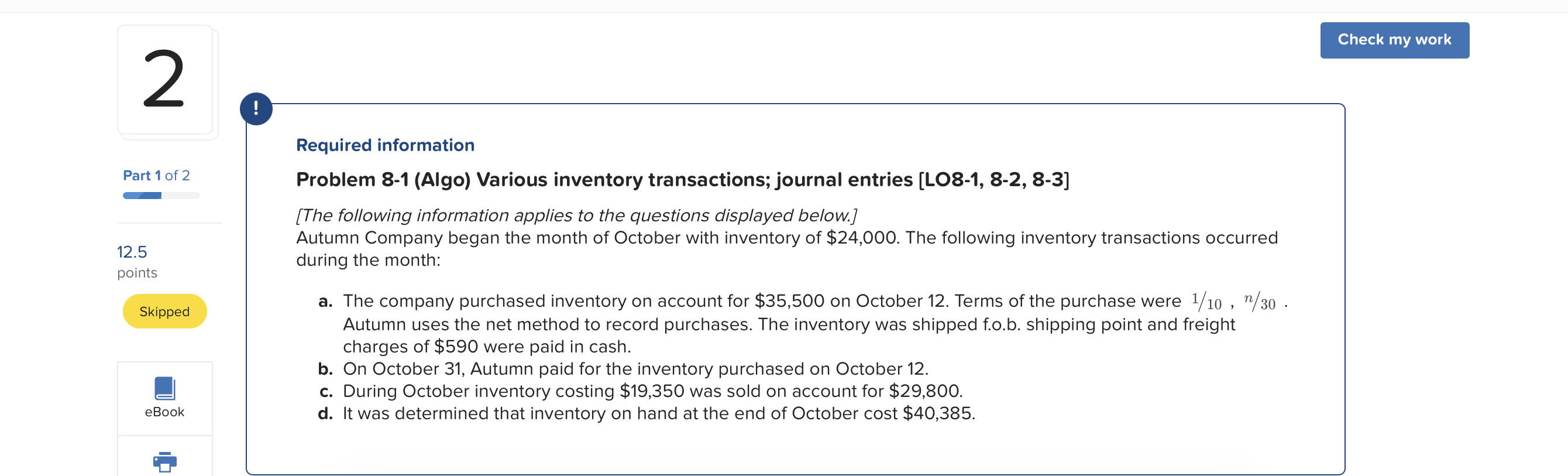 Solved Required information Problem 8-1 (Algo) Various | Chegg.com