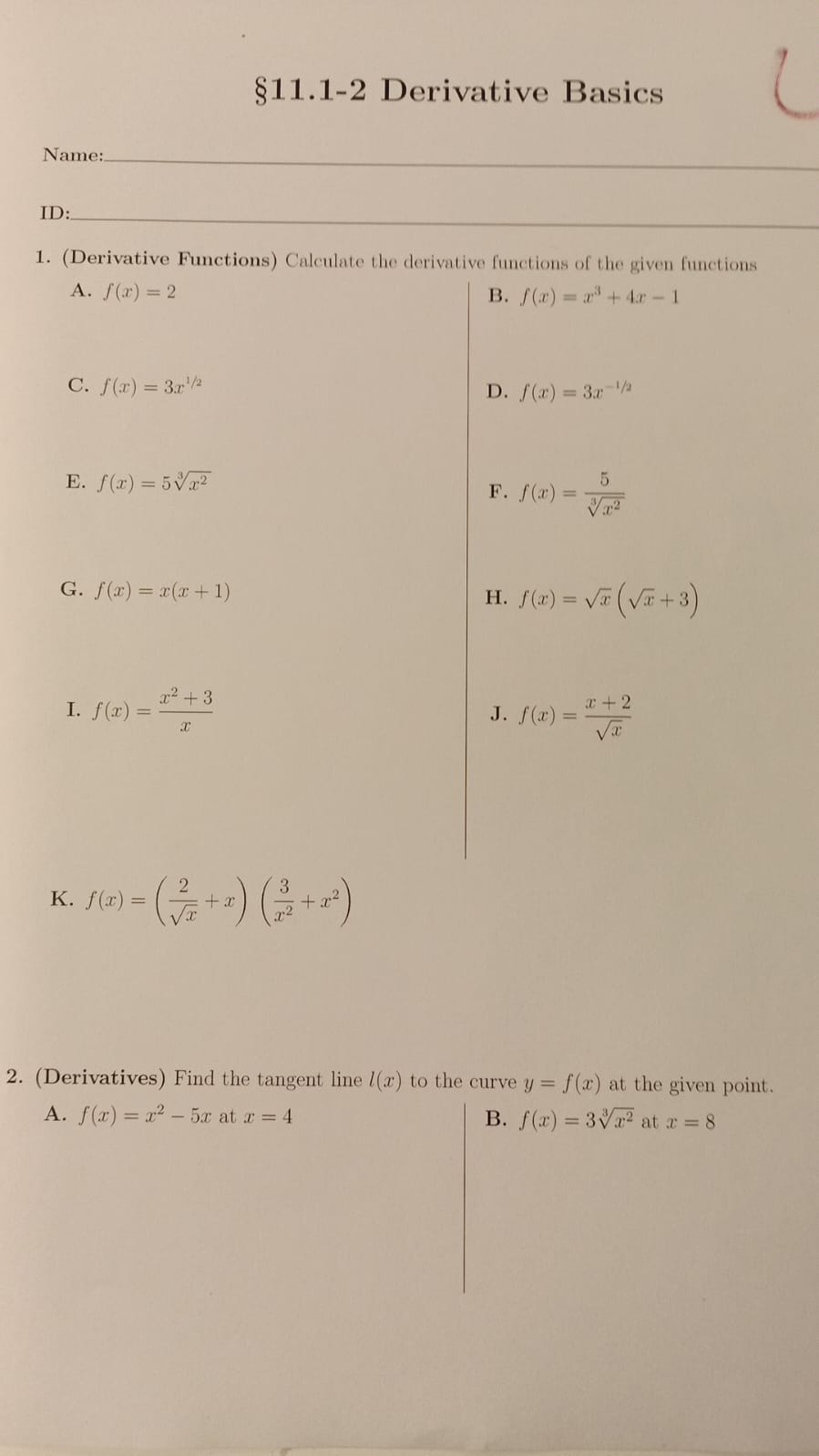 Solved ID:(Derivative Functions) ﻿Calculate the derivative | Chegg.com