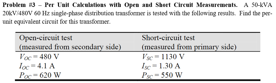 Solved Problem #3 - Per Unit Calculations with Open and | Chegg.com