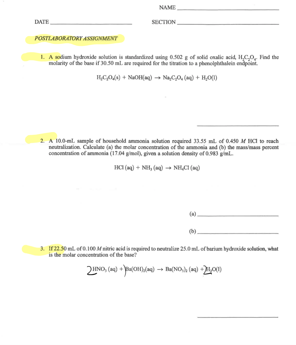 Solved NAME DATE SECTION POSTLABORATORY ASSIGNMENT 1. A | Chegg.com