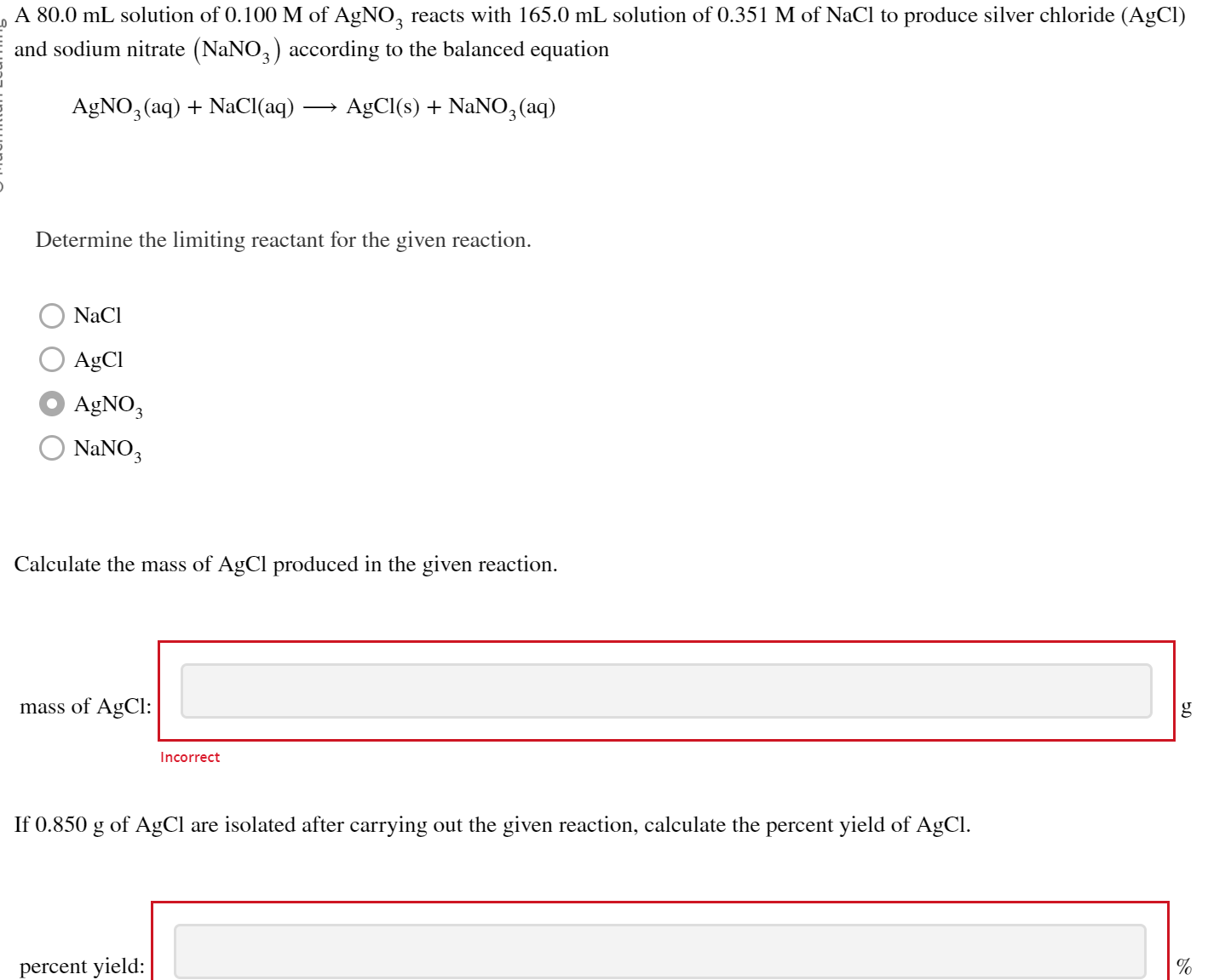 Solved A 80.0 mL solution of 0.100M of AgNO3 reacts with | Chegg.com