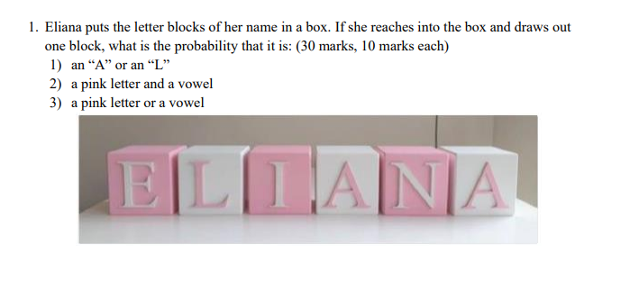 [Solved]: 1. Eliana puts the letter blocks of her name in