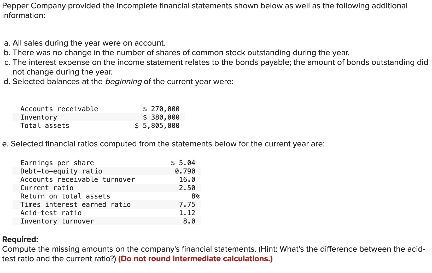 Solved Pepper Company provided the incomplete financial | Chegg.com