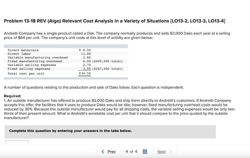 Solved Problem 13-18 REV (Algo) Relevant Cost Analysis in a | Chegg.com