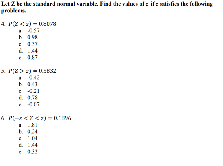 Solved Let Z be the standard normal variable. Find the | Chegg.com