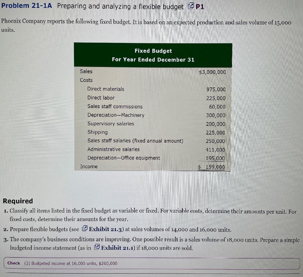 Solved Problem 21-1A Preparing and analyzing a flexible | Chegg.com