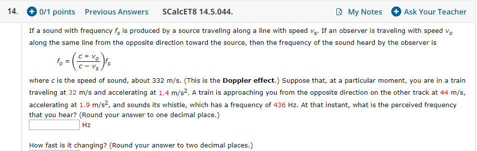 Solved 14. 0/1 points Previous Answers CalcET8 14.5.044. My | Chegg.com