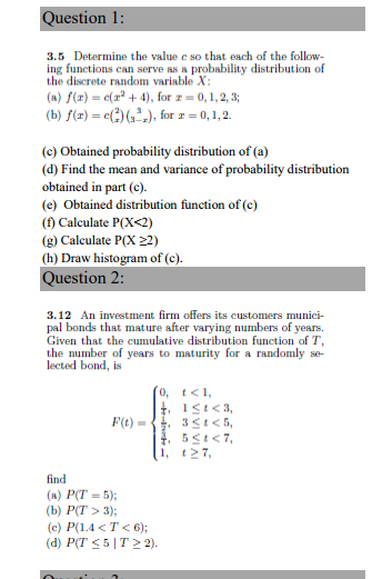 Solved 3.5 Determine the value c so that each of the | Chegg.com