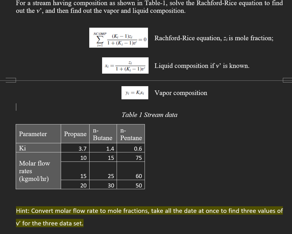 Solved For a stream having composition as shown in Table-1, | Chegg.com
