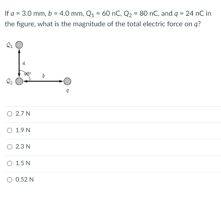 Solved If a=3.0mm,b=4.0mm,Q1=60nC,Q2=80nC, ﻿and q=24nC | Chegg.com