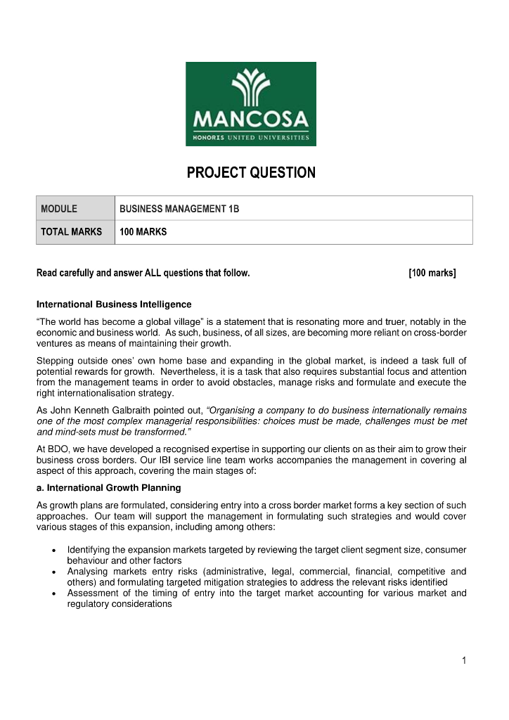 MANCOSA HONORIS UNITED UNIVERSITIES PROJECT QUESTION | Chegg.com