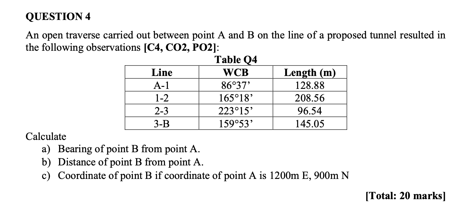 Solved QUESTION 4 An open traverse carried out between point | Chegg.com