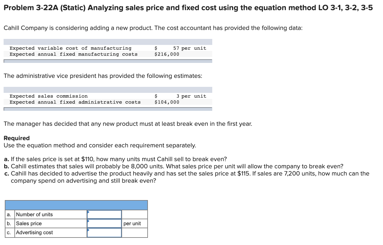 Solved Exercise 3-15A (Static) Multiple product break-even | Chegg.com