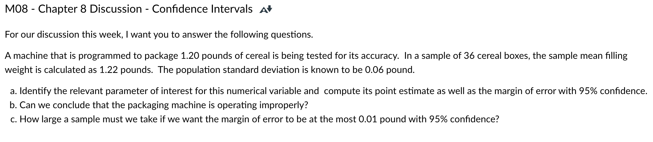 Solved M08 - Chapter 8 Discussion - Confidence Intervals A | Chegg.com