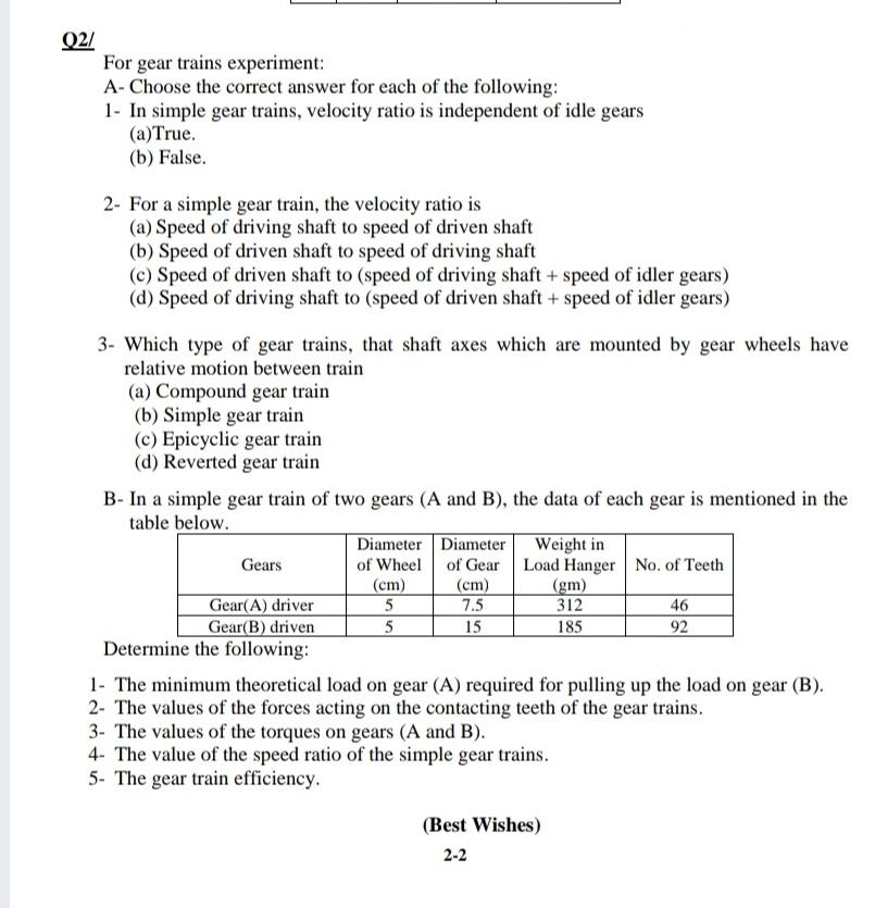 Solved 02/ For gear trains experiment: A- Choose the correct | Chegg.com