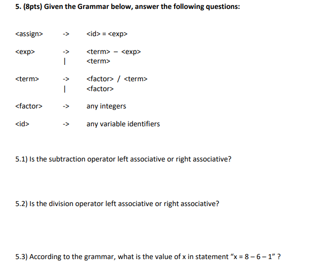 Solved 5. (8pts) Given the Grammar below, answer the | Chegg.com