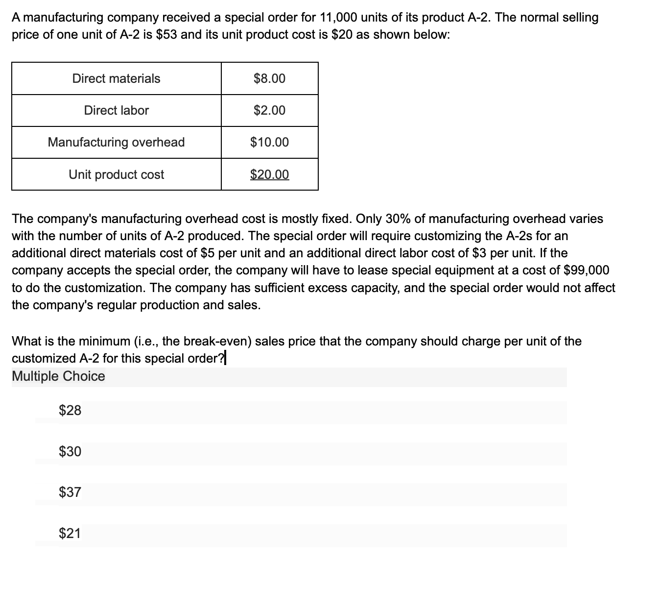 Solved A manufacturing company received a special order for | Chegg.com