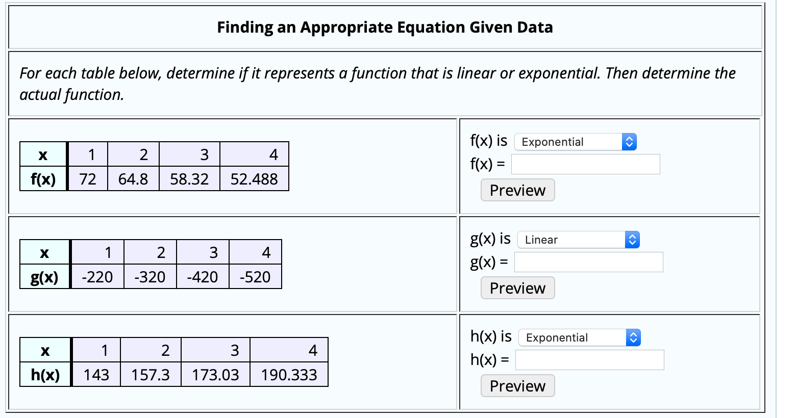 Solved Finding an Appropriate Equation Given Data For each | Chegg.com