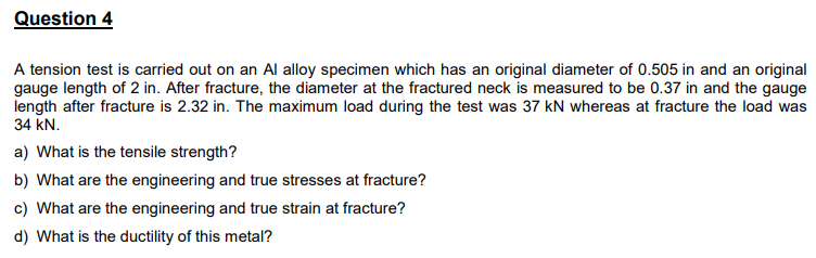 Solved Question 4 A tension test is carried out on an Al | Chegg.com