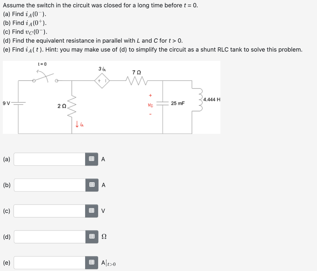 Solved Assume the switch in the circuit was closed for a | Chegg.com