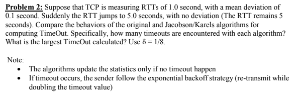 Solved Problem 2: Suppose that TCP is measuring RTTs of 1.0 | Chegg.com